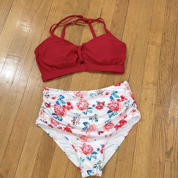 birdsong | Swim | New Swim Suit Solid Red Top And White Floral Bottom ...